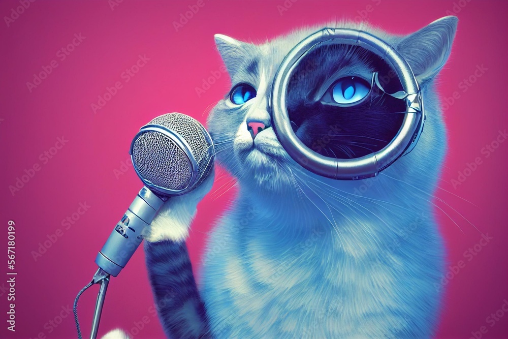 Funny emotional cat artist singing and holding a vintage metal ...