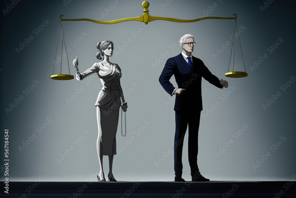 Illustration of the figure of blind justice next to a judge, standing ...