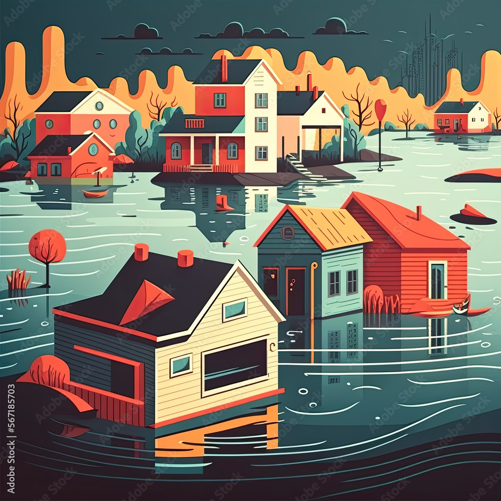 Vector Drawing of Flooded Town Generative AI Stock Illustration | Adobe ...