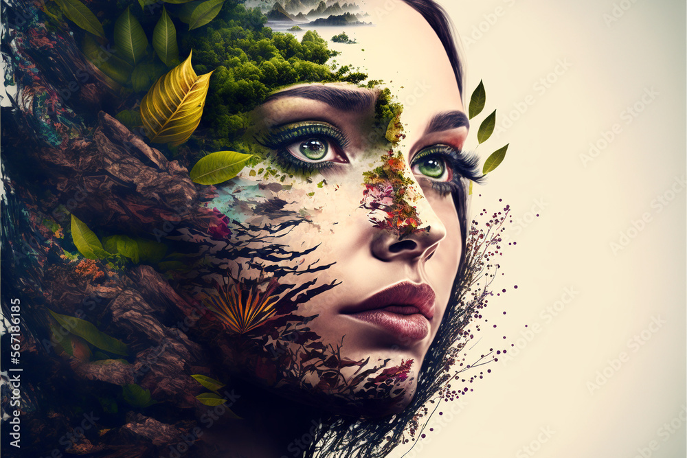 Mother nature concept seamlessly merged with beautiful face portrait of ...