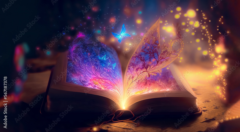 Open magic book with growing lights, magic powder, butterflies. Magic ...
