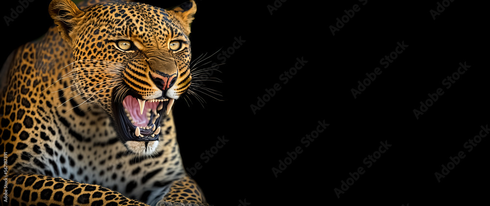 Roaring Leopard. Portrait of leopard on black background. Predator ...