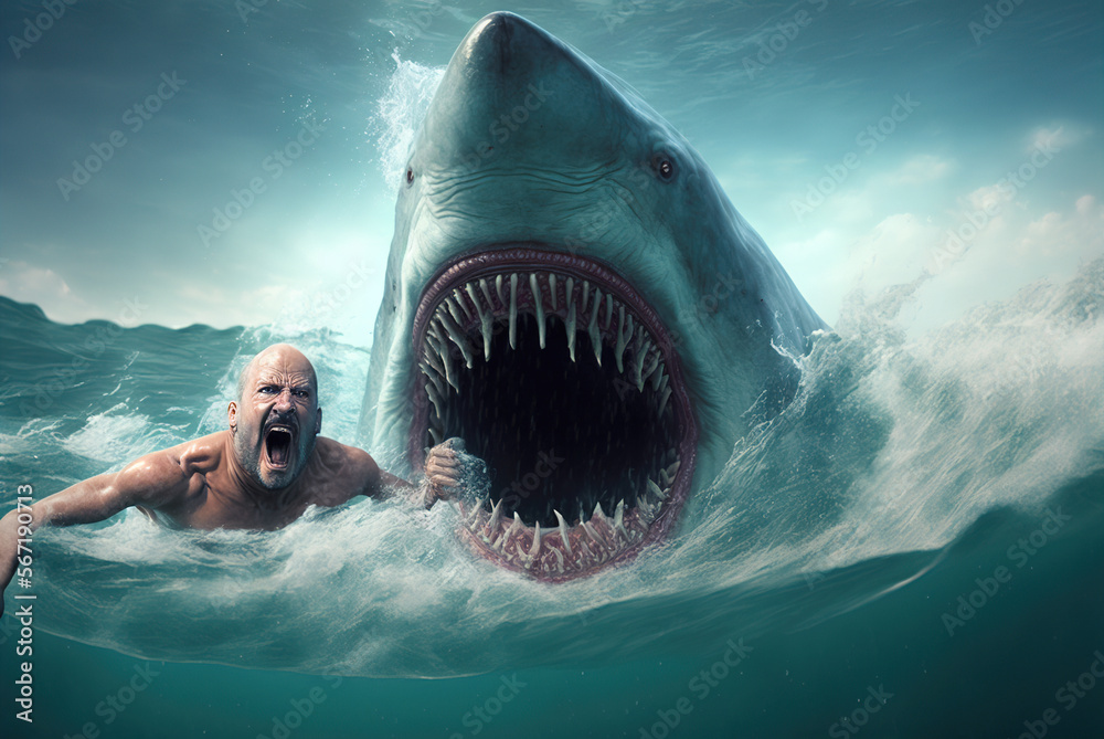 Shark attacks man in water, open mouth with great teeth, horror ...