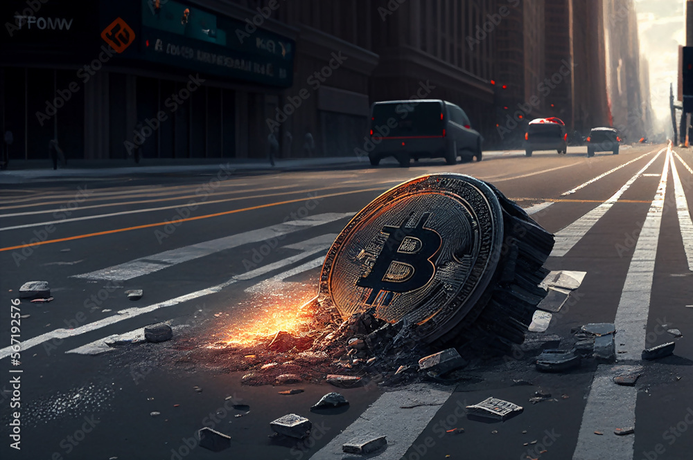 ภาพประกอบสต็อก Bitcoin crypto currency crisis fall concept, coin crash ...