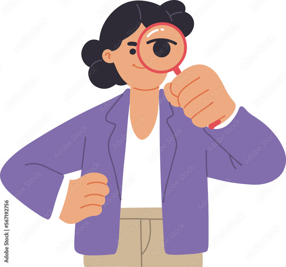 vector illustration of a woman character looking through a magnifying ...