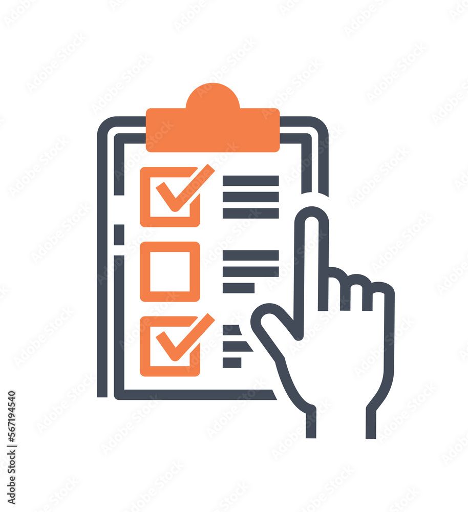 Checklist orange icon. Motivation and goal setting, employee checks ...