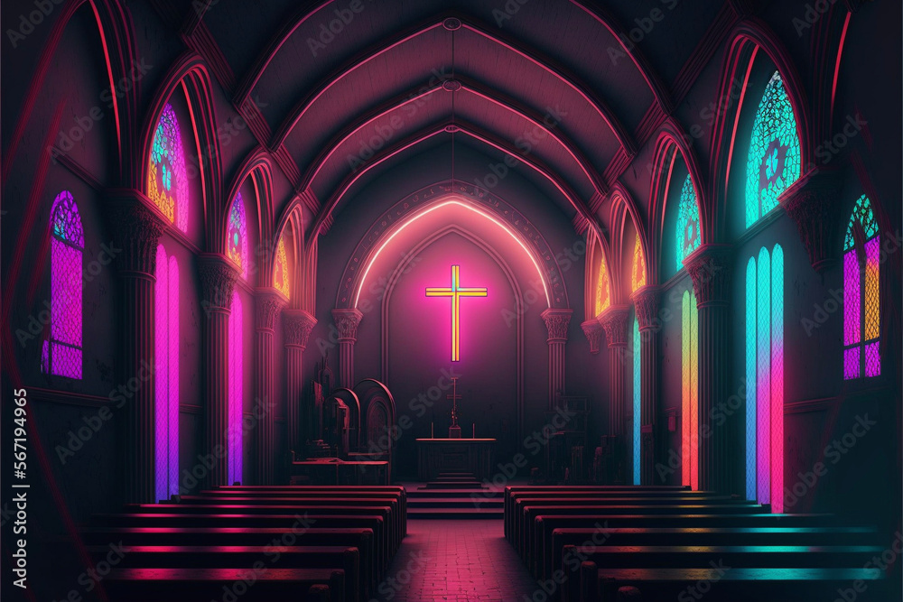 Neon Church Interior, Pews, Altar, Cross, Stained Glass Generative AI ...