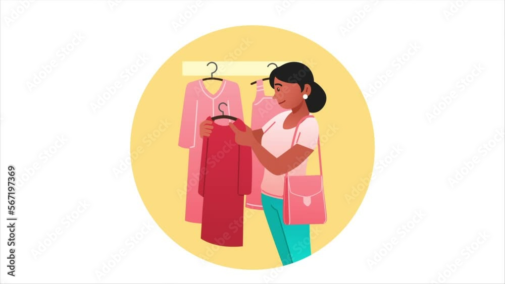 Shopping and buying clothes concept. Moving young girl chooses ...