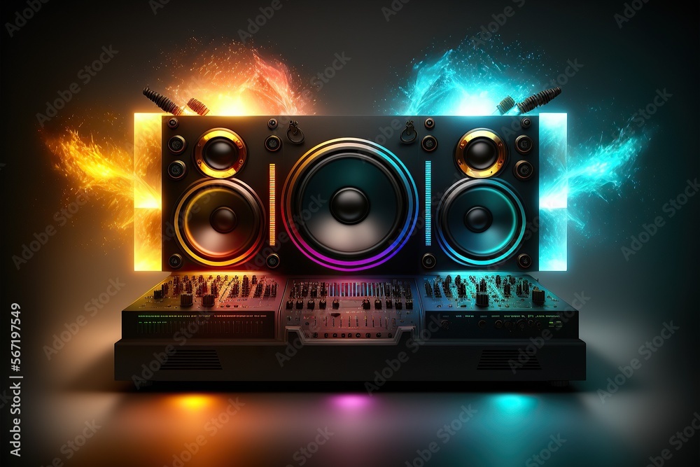 Abstract Modern DJ mixer on the table, cyberpunk colored light and ...