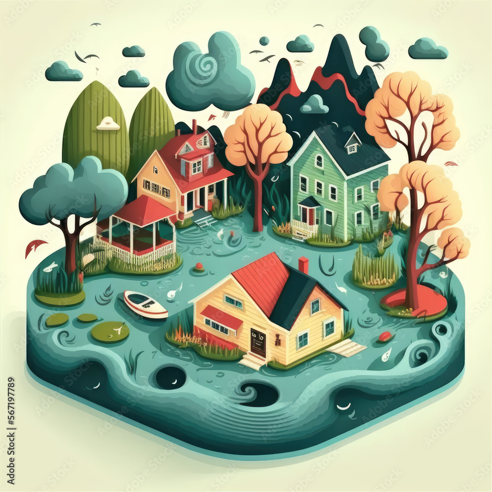 Vector Drawing of Flooded Town Generative AI Stock Illustration | Adobe ...