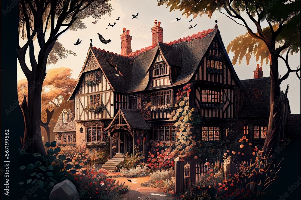 Medieval romantic old mansion with garden, flowering beds and trees ...