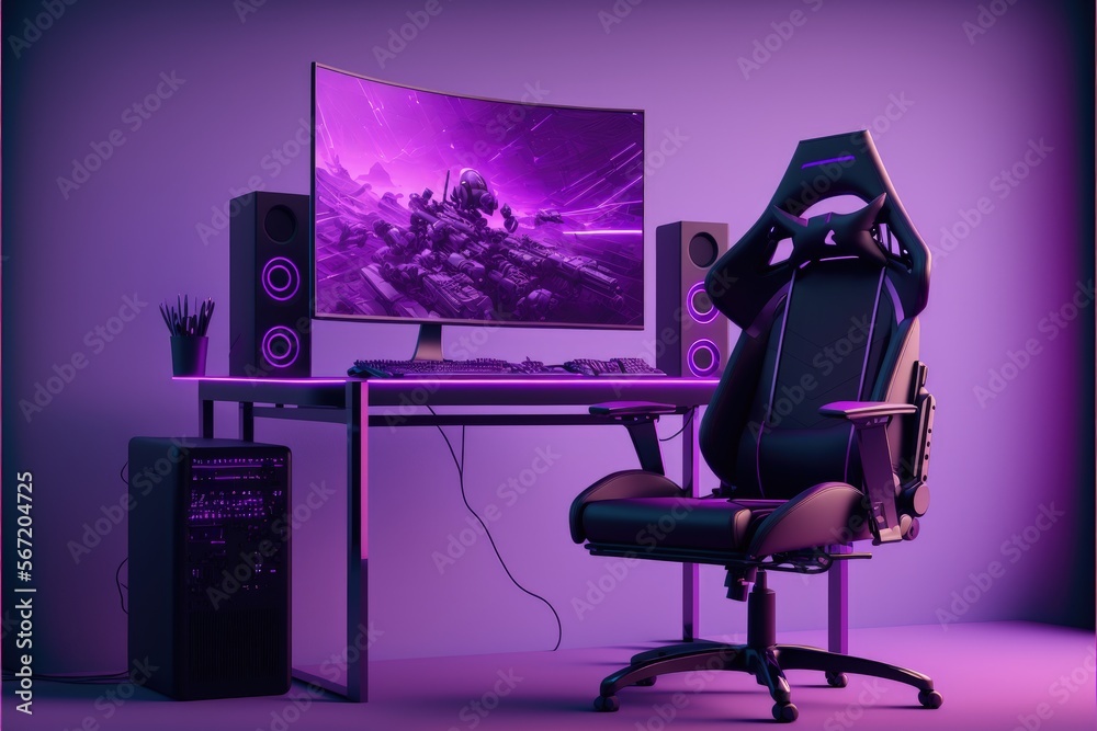 Photo & Art Print Gamer PC setup with table, chair and computer, purple ...