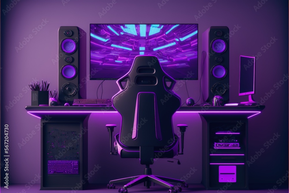 Gamer PC setup with table, chair and computer, purple background ...