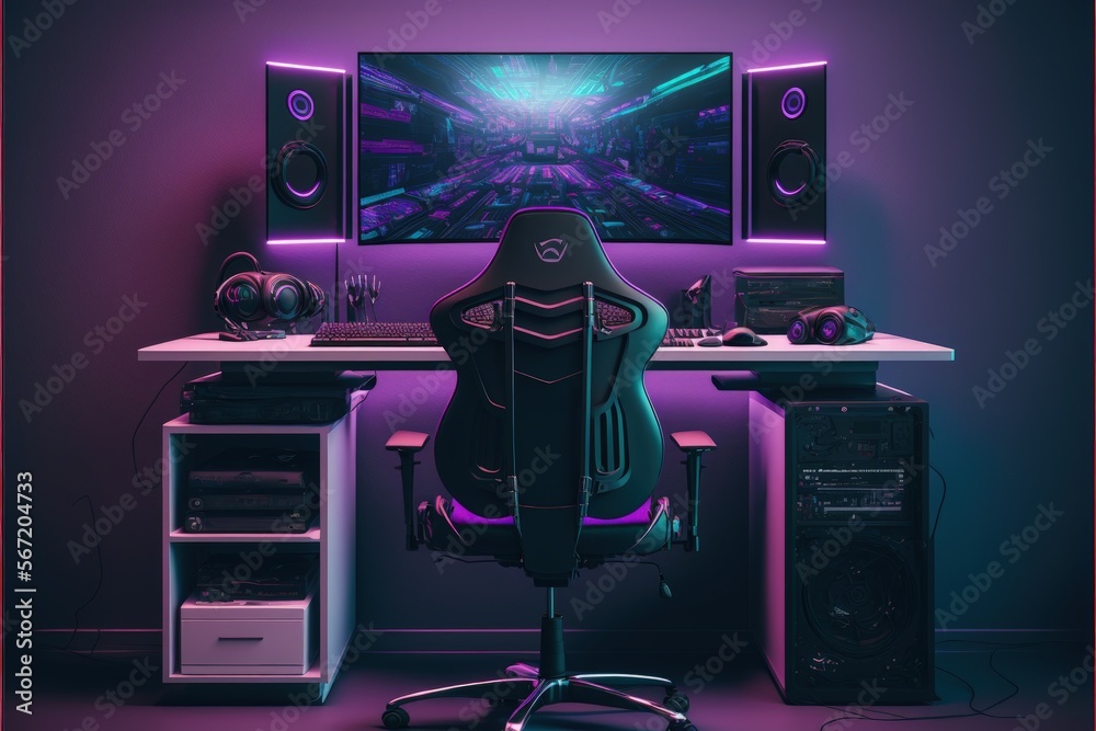 Gamer PC setup with table, chair and computer, purple background ...
