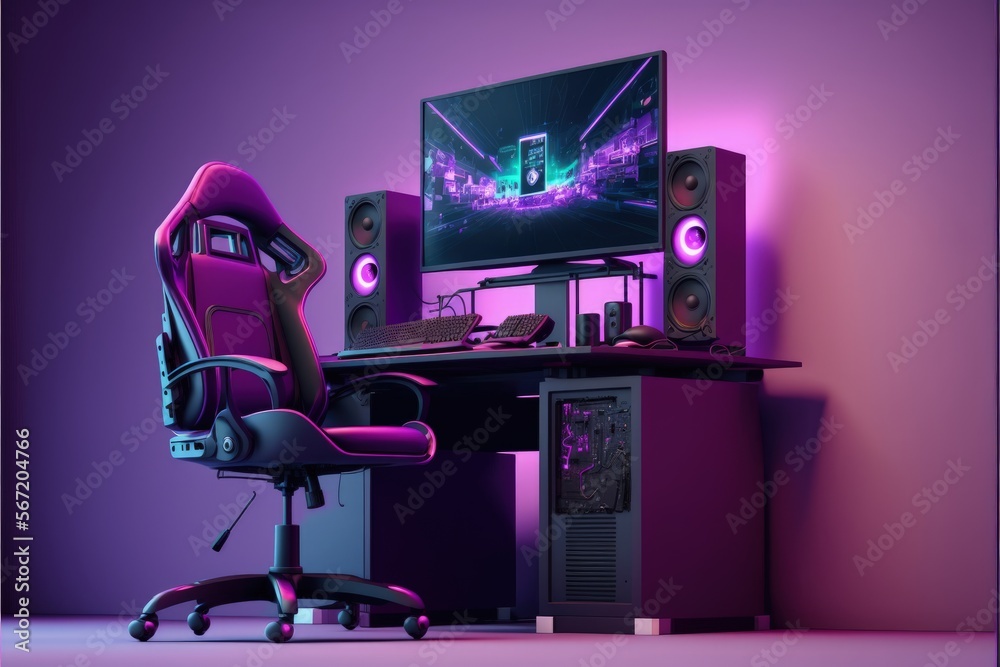 Gamer PC setup with table, chair and computer, purple background ...