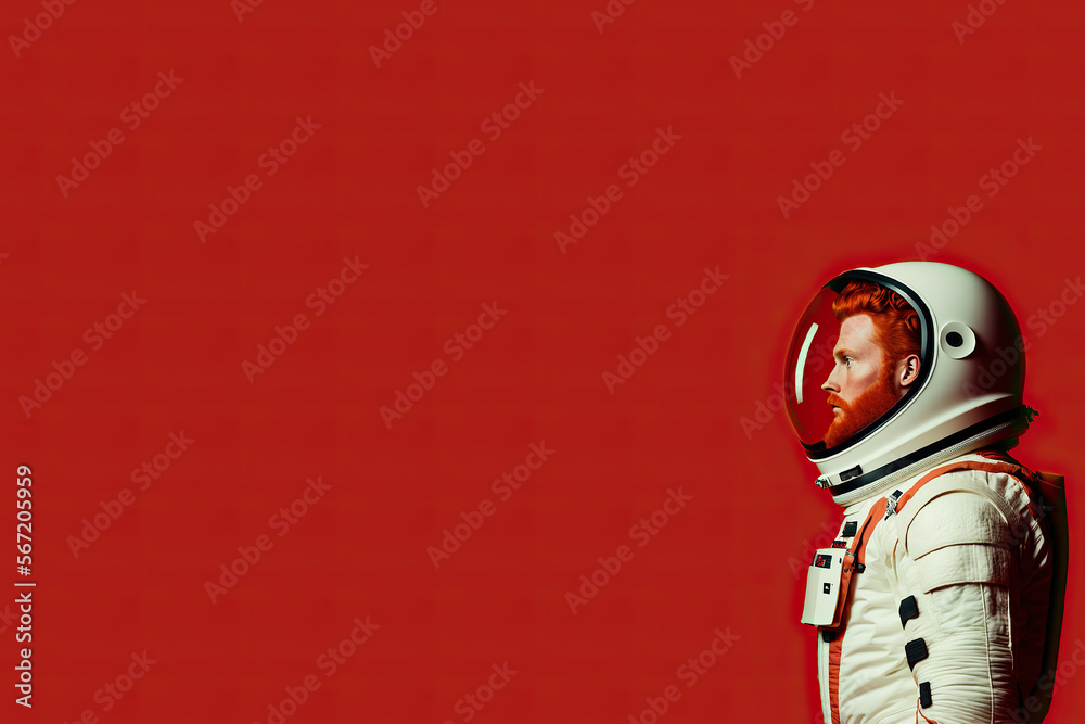 Portrait of red-haired man with beard, wearing white astronaut suit and ...