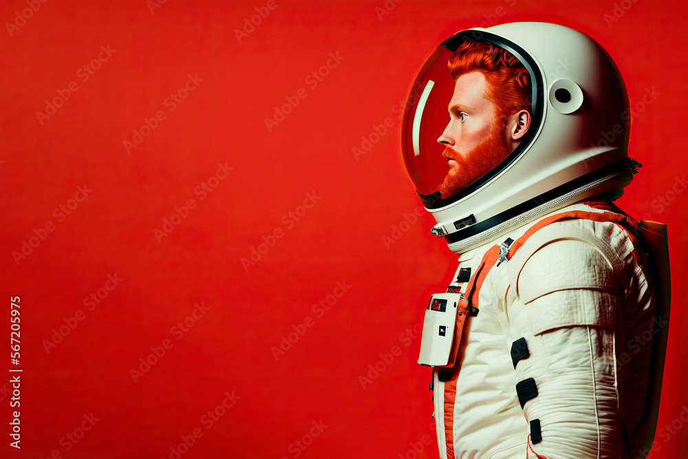 Portrait of red-haired man with beard, wearing white astronaut suit and ...