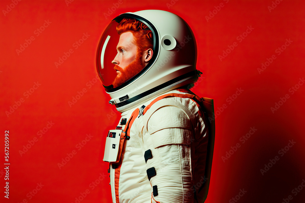 Portrait of red-haired man with beard, wearing white astronaut suit and ...