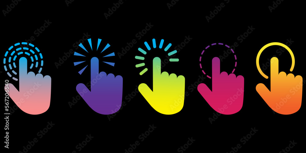 Fingers cursors black background. Multicolored fingers cursors ...