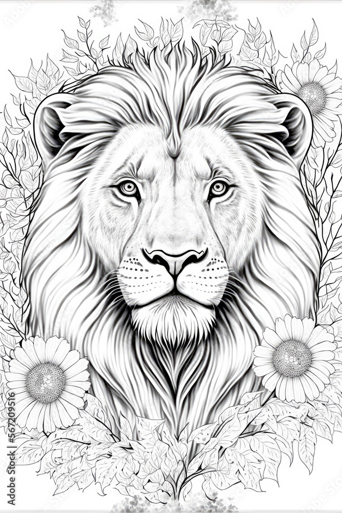 Lion Portrait Illustration for Coloring book page for adults and kids ...
