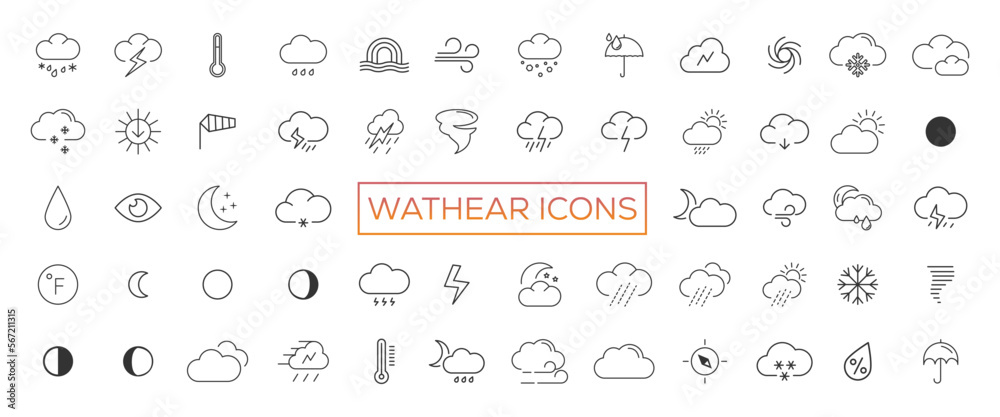 Vetor de Weather icons set in line style, Weather isolated on white ...