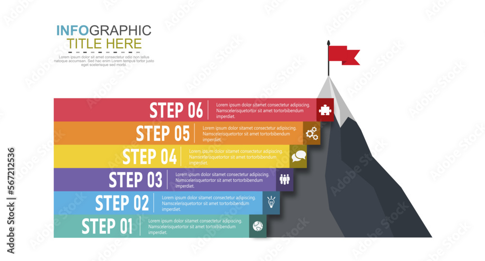 Mountain vector infographic business goals template with icons and 6 ...