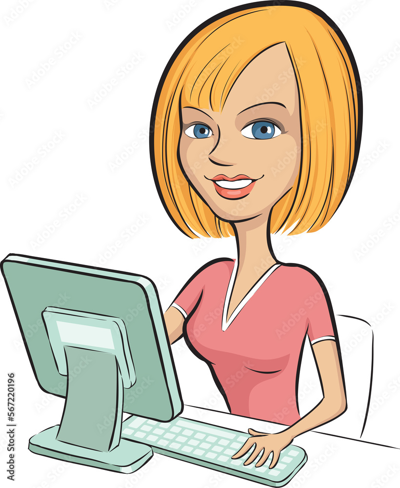 blond woman sitting behind desktop computer - PNG image with ...