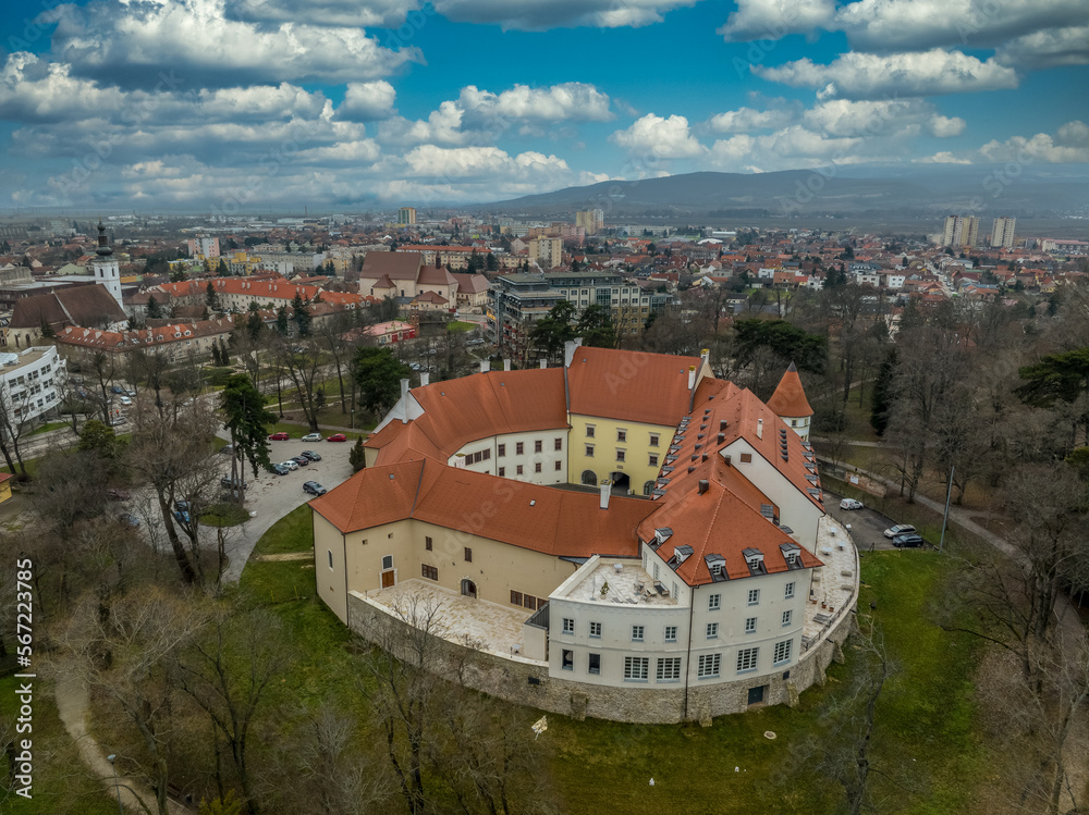Aerial view of Pezinok (Bazin) medieval castle with restored red roof ...