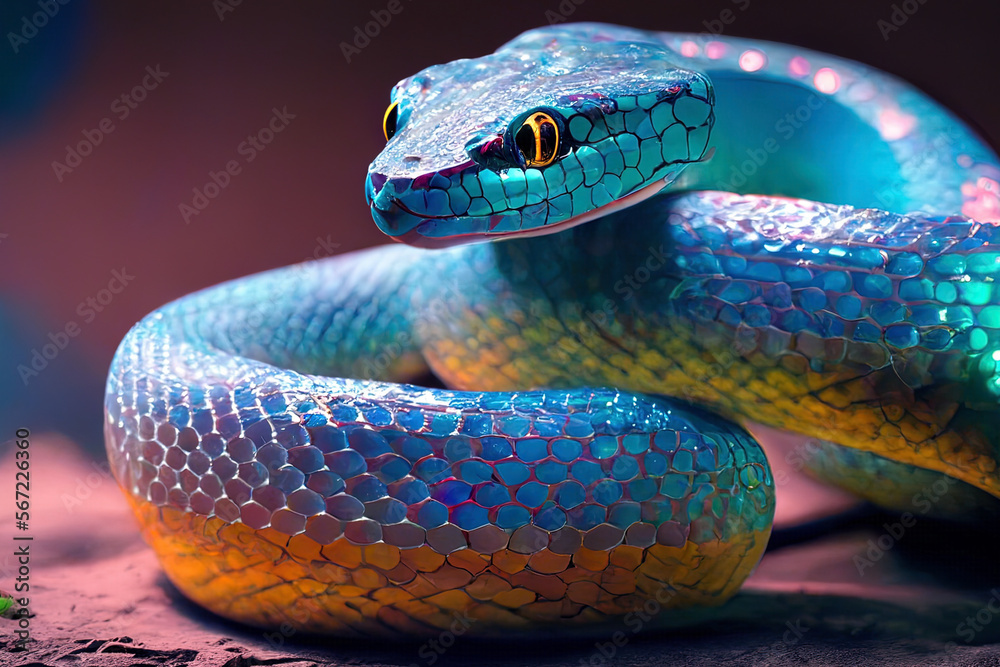 Colored blue beautiful exotic snake with golden eyes, ready to attack ...