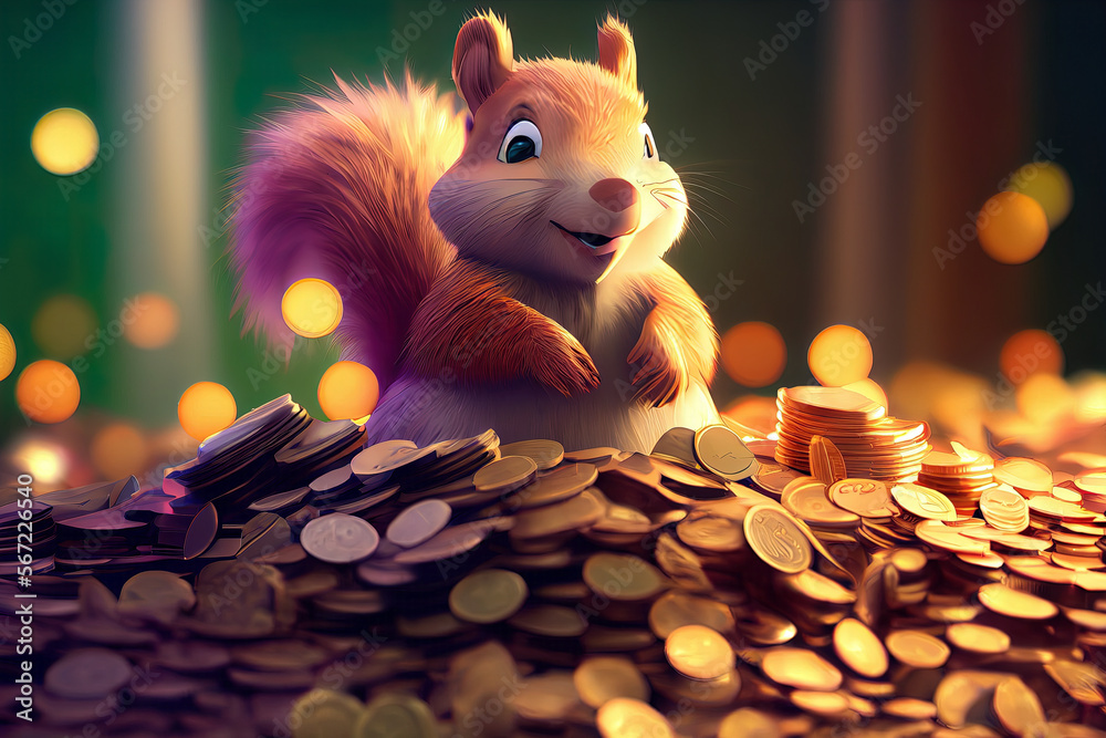 Cute funny kawaii squirrel keeping an eye on a mount of gold coins like ...