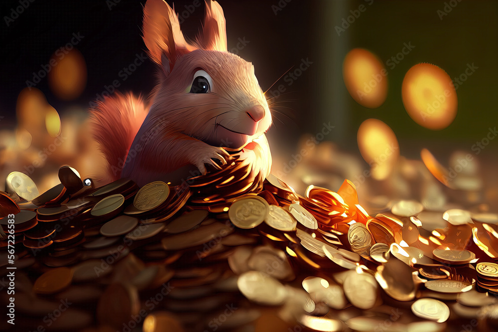 Cute funny kawaii squirrel keeping an eye on a mount of gold coins like ...