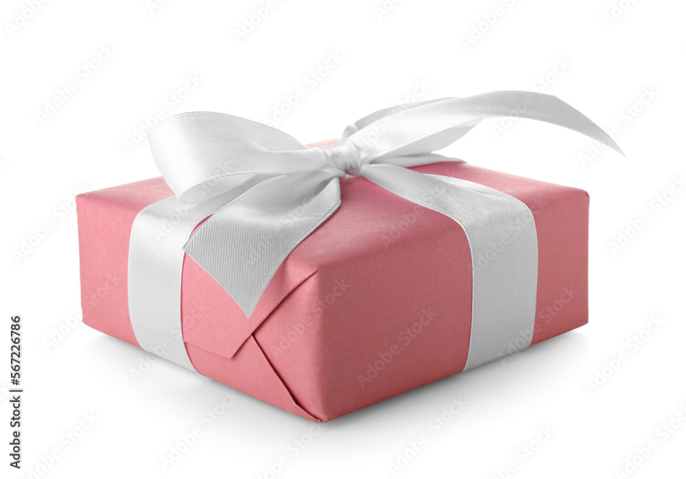 Pink gift box with bow on white background. International Women's Day ...
