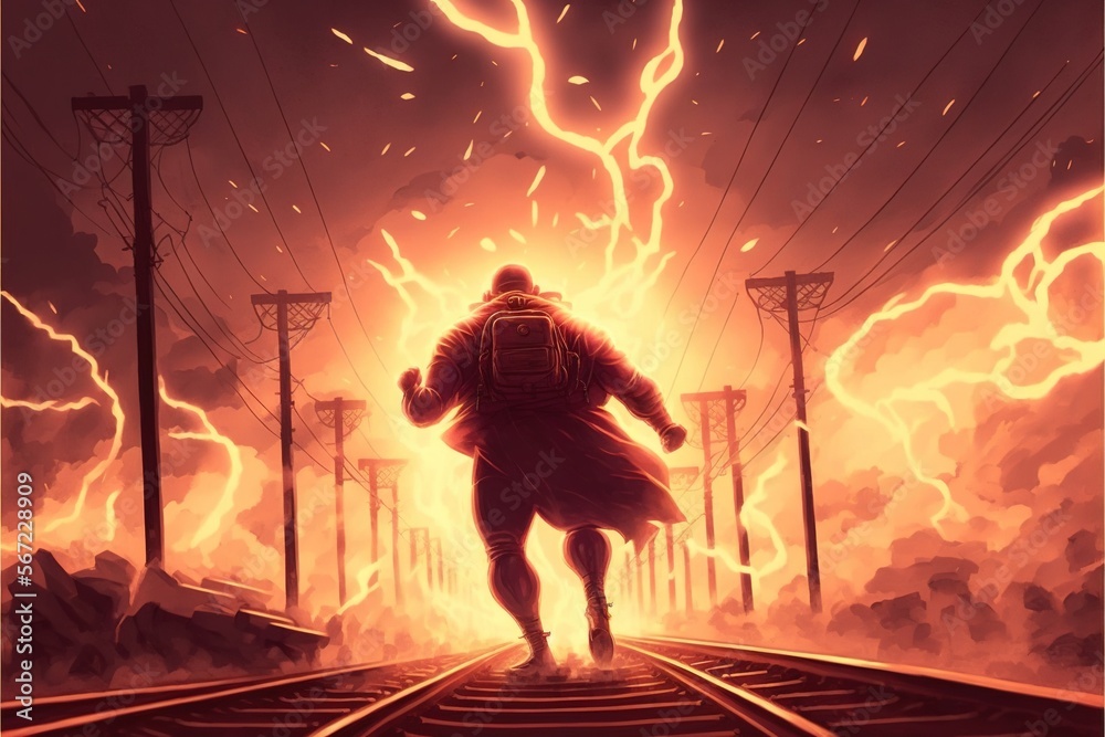 the man powering up his energy to destroy the train , digital art style ...