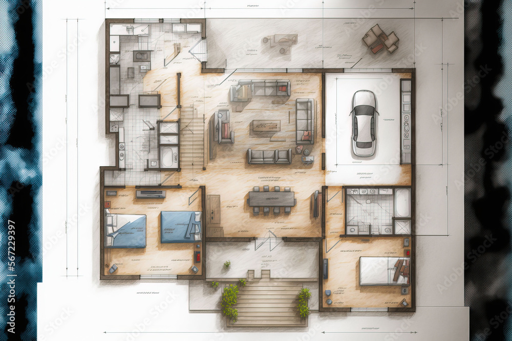 Floor plan of a home, illustration. Open concept living apartment ...