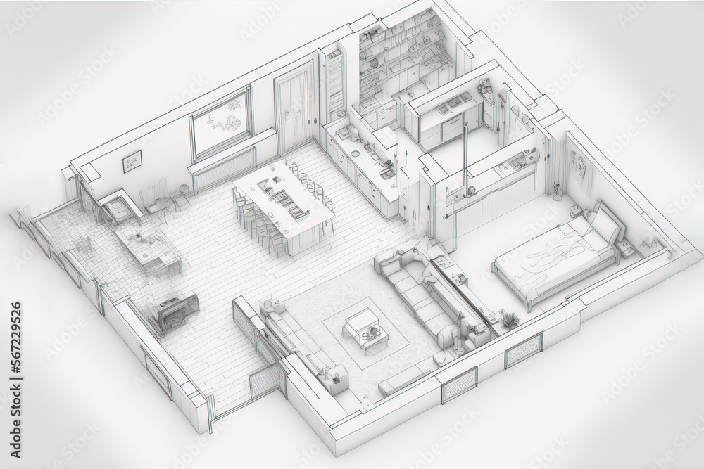 Floor plan of a home, illustration. Open concept living apartment ...