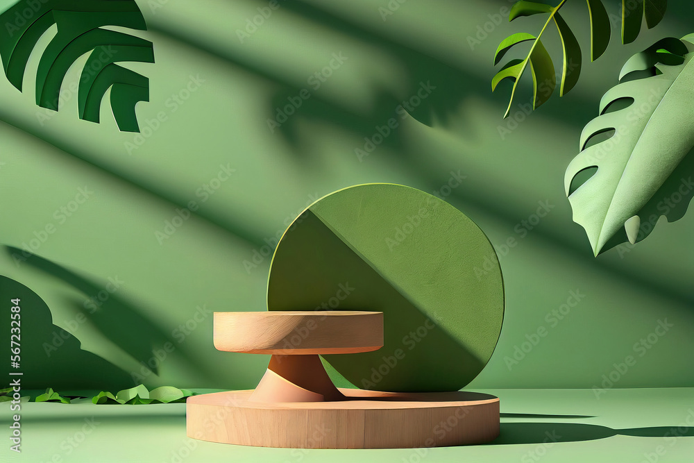 wood stage green tropical leaf podium palm leaf with green background ...