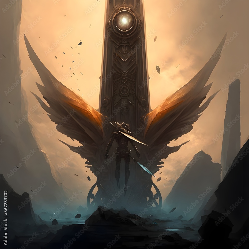 Emerging from an amber obelisk a winged lovecraftian eldritch horror ...