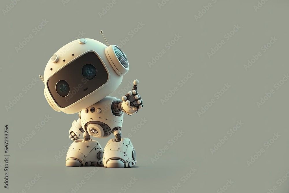 Happy cute robot pointing at a space, a friendly and cheerful robot ...
