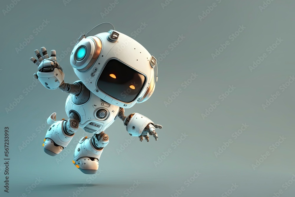 Happy cute robot isolated. Flying robot waving, 3D rendering ...