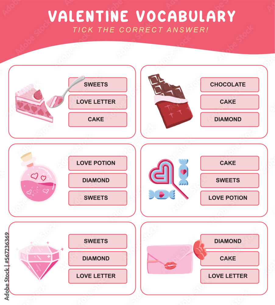 Read and choose the correct answer. Valentine items vocabulary ...