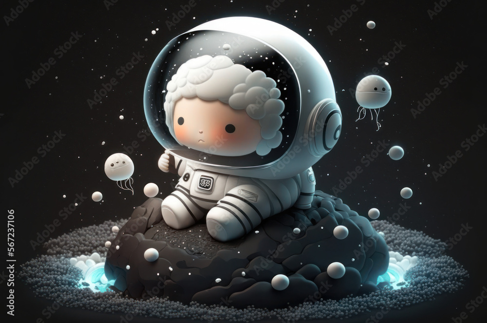 Lost astronaut spaceboy child in a spacesuit with white hair sitting on ...