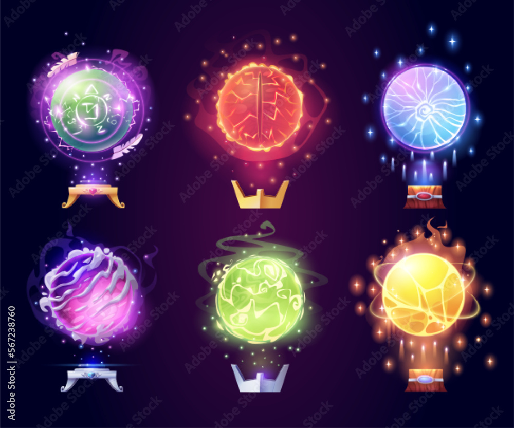 Vetor de Magic crystal balls, energy spheres with light effect. Fantasy ...