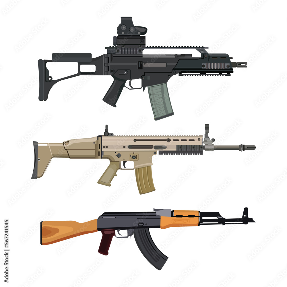 Vector illustration sets of weapons guns. Military weapons, set gun ...
