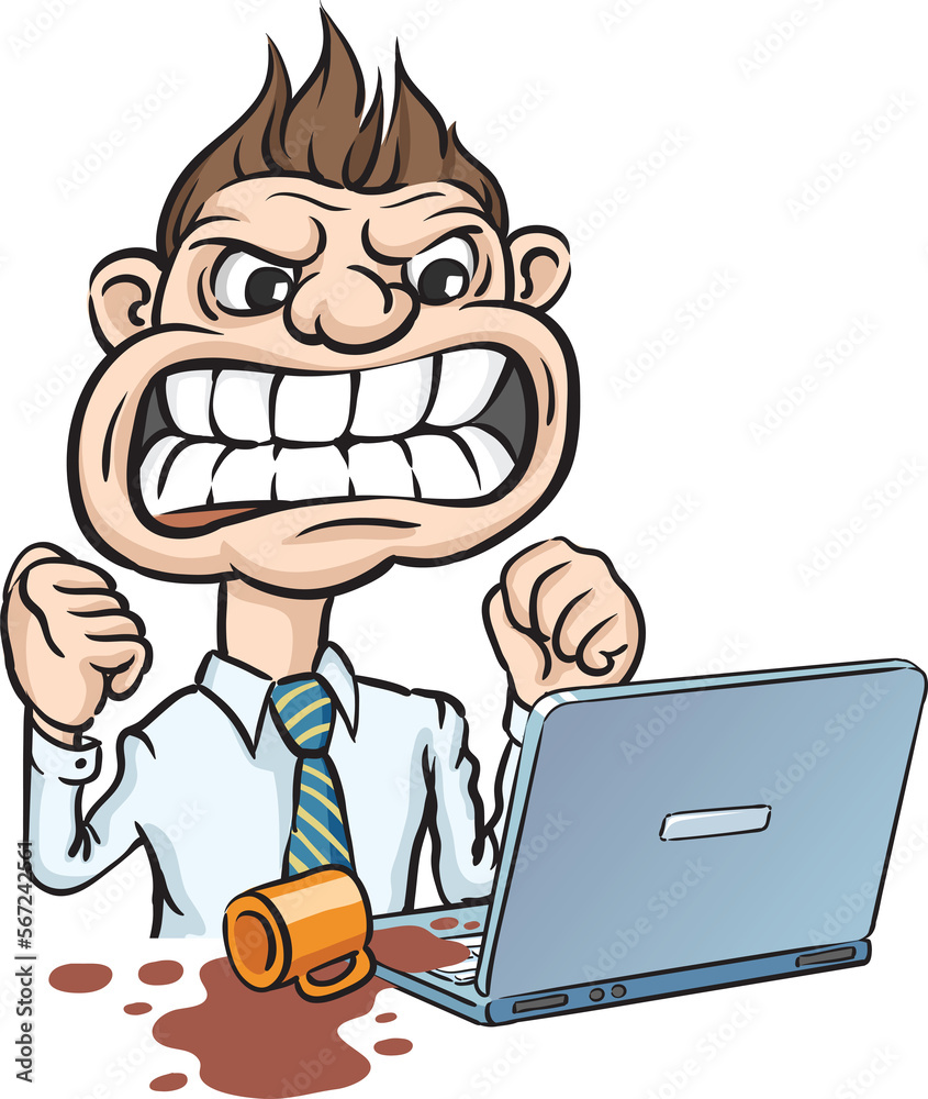 angry businessman pouring cup of coffee on laptop computer - PNG image ...