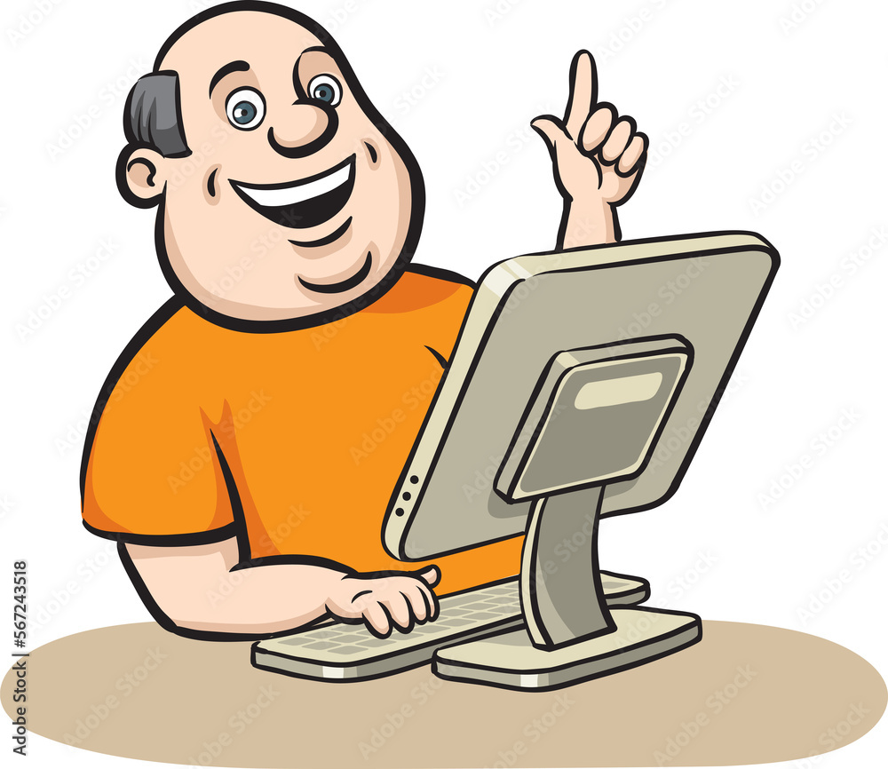 cartoon fat man with desktop computer on white background - PNG image ...