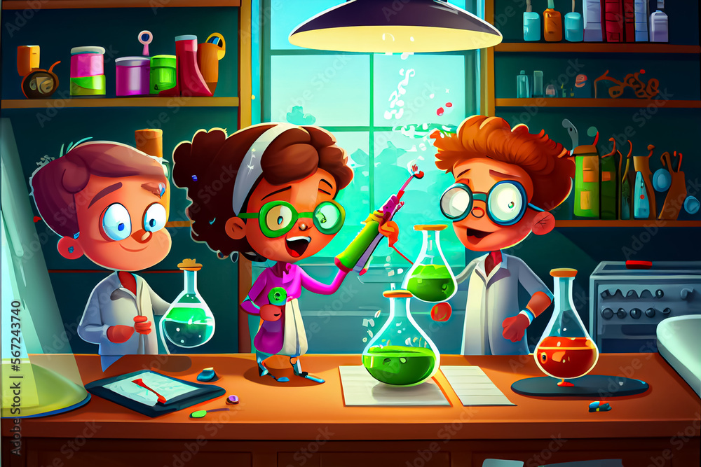 cartoon kids science experimenting chemicals in the science room ...