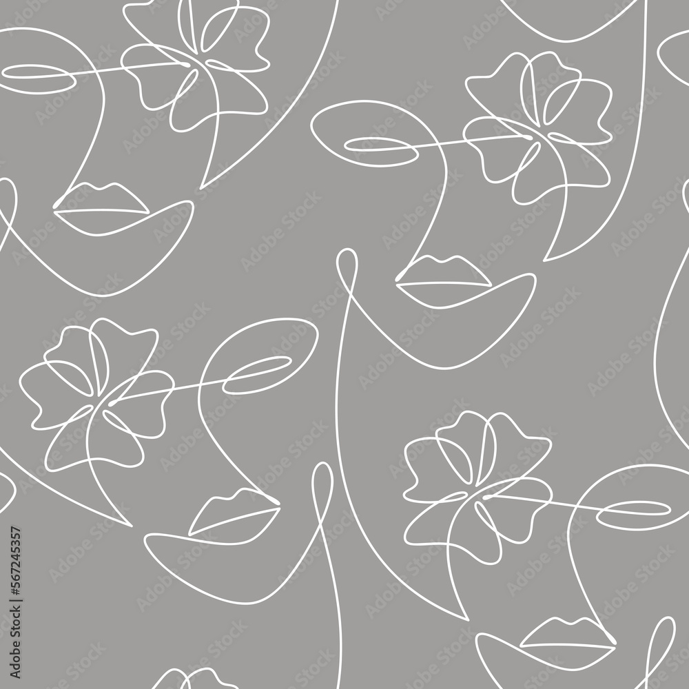 Continuous line drawing vector. Woman face seamless pattern. Abstract ...