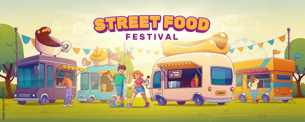 Street food festival poster with people on fair. Summer park landscape ...