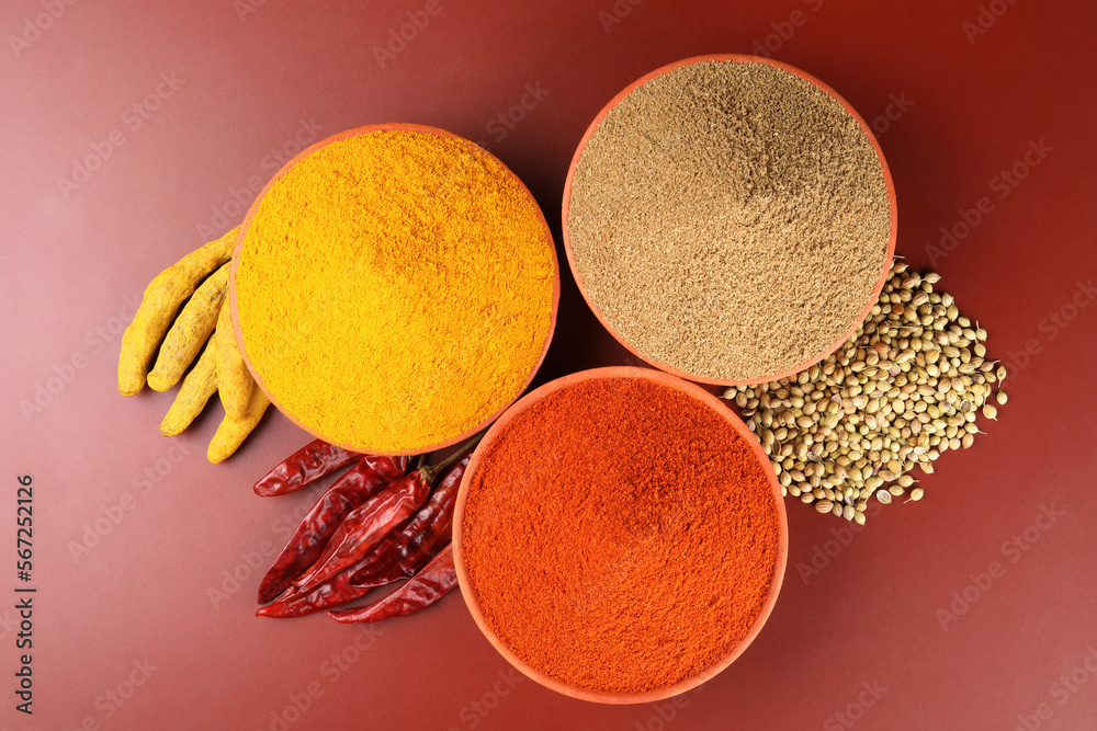 Indian spices and main ingredients of Indian food. Dhania powder or ...