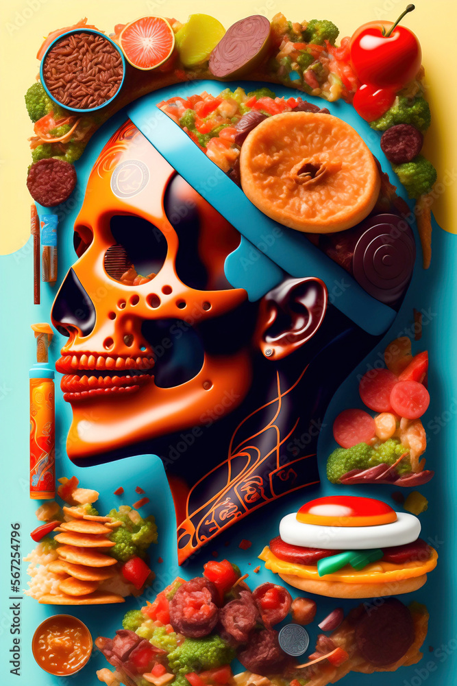 The human skull is overlaid with different prepared food. Healthy and ...